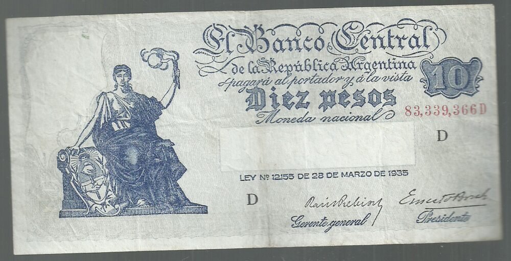 ARGENTINA 10 PESOS PROGRESO BOT 1884 VF+